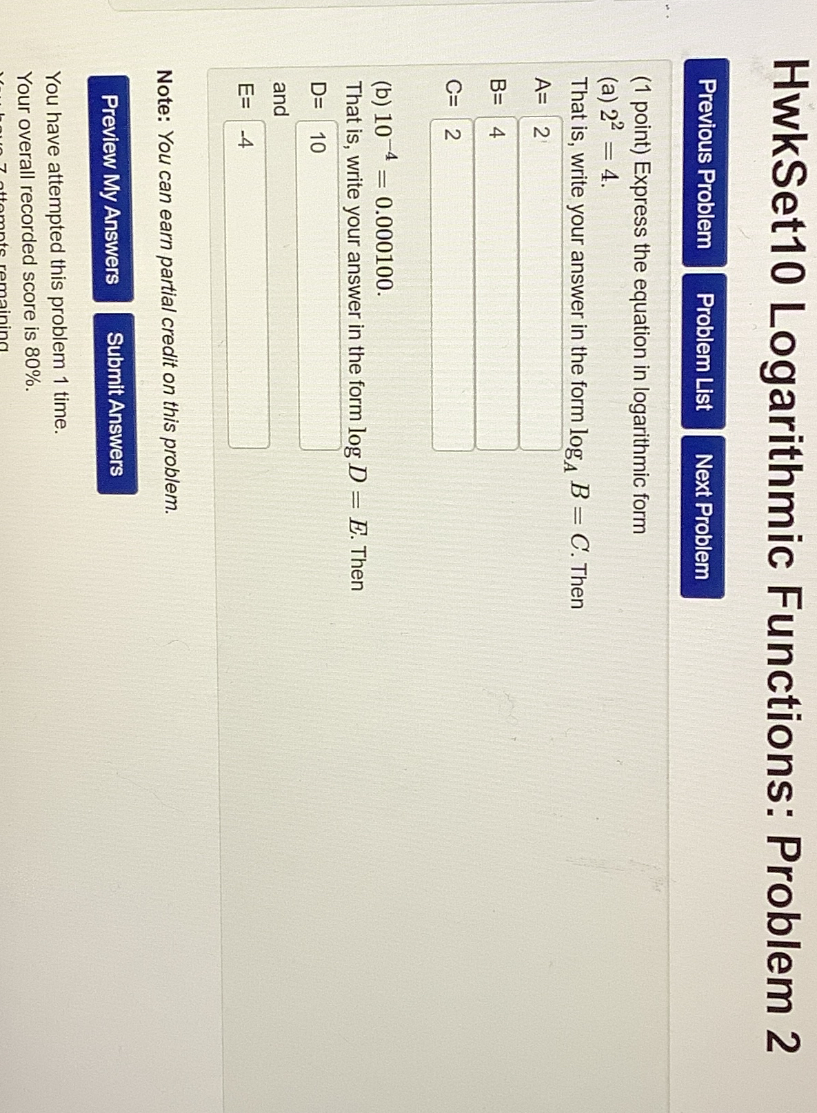 Solved HwkSet10 ﻿Logarithmic Functions: Problem 2(1 ﻿point) | Chegg.com