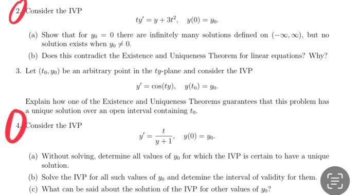 Solved Consider the IVP ty′=y+3t2,y(0)=y0. (a) Show that for | Chegg.com