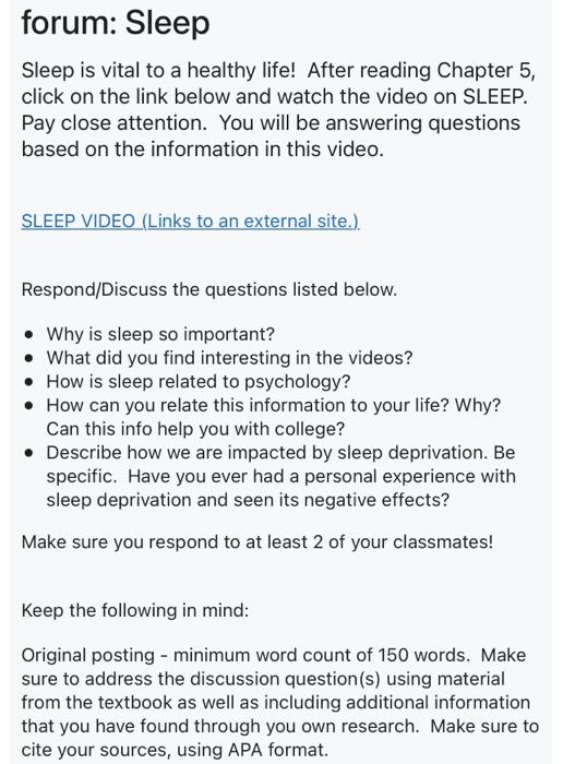 forum: Sleep Sleep is vital to a healthy life! After | Chegg.com