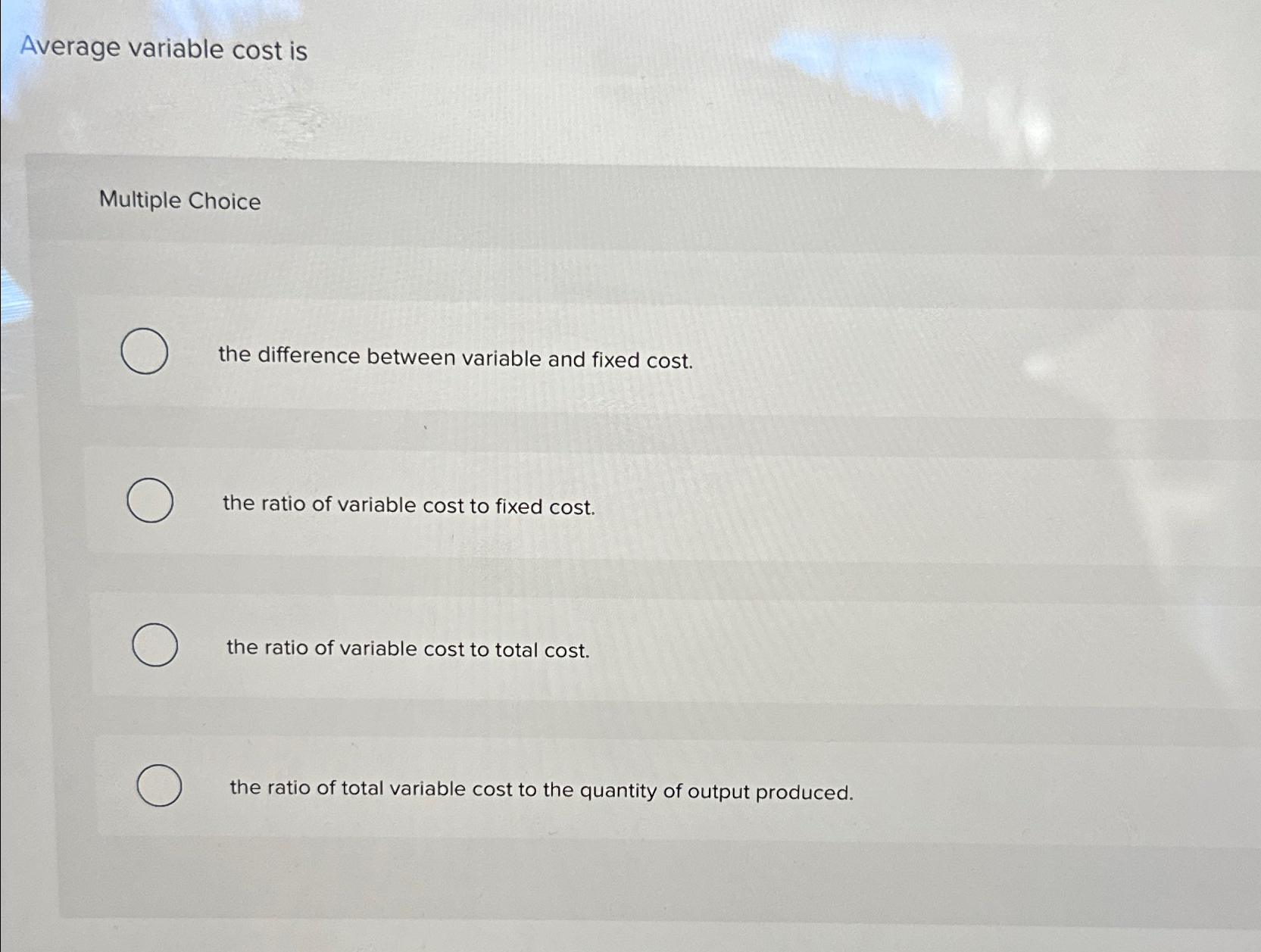 Solved Average variable cost isMultiple Choicethe difference | Chegg.com