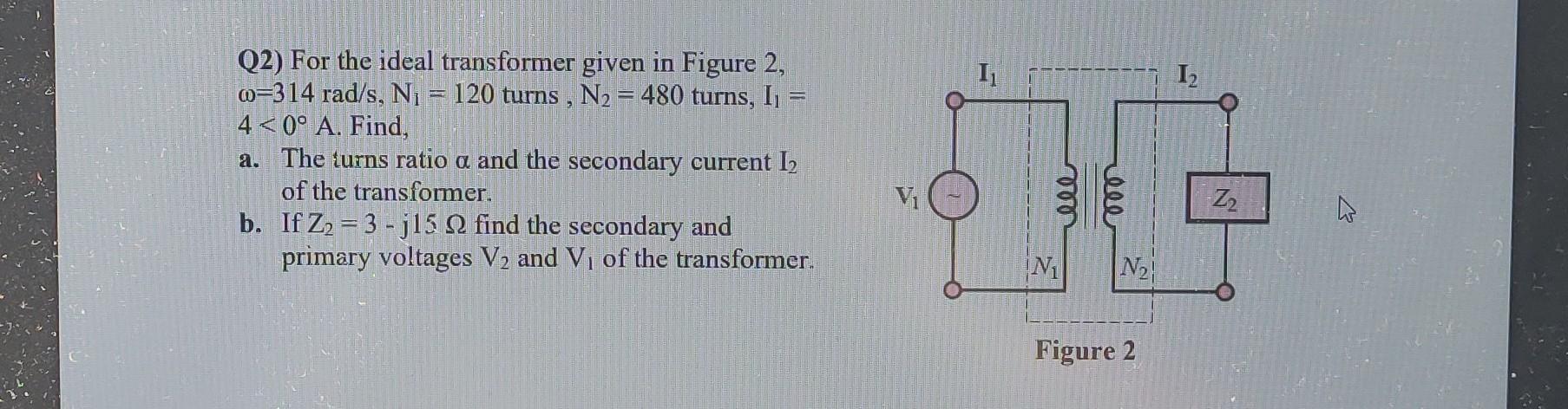 Solved Q2) For the ideal transformer given in Figure 2, | Chegg.com