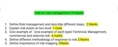 Solved 1. Define Risk management and describe different | Chegg.com