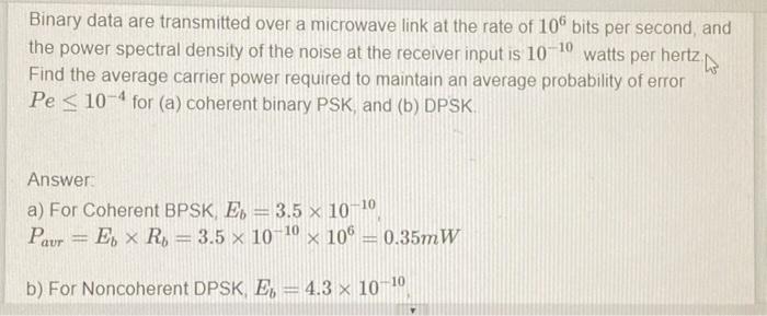 Solved Binary data are transmitted over a microwave link at | Chegg.com