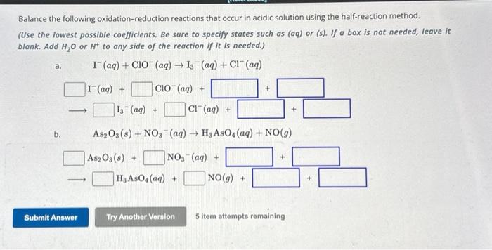 Solved Balance the following oxidation-reduction reactions | Chegg.com