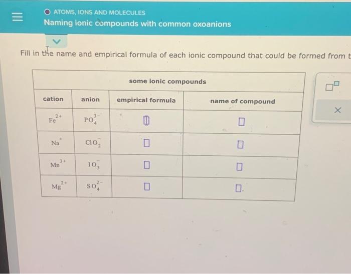 Solved Fill in the name and empirical formula of each ionic | Chegg.com