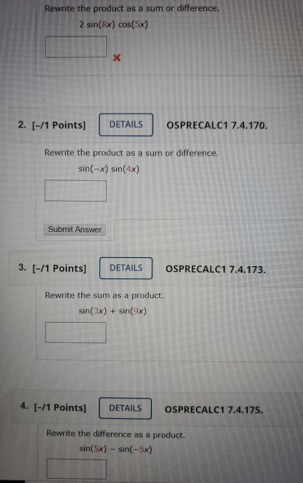 Solved Rewrite the product as a sum or difference. 2 sin(8x) | Chegg.com