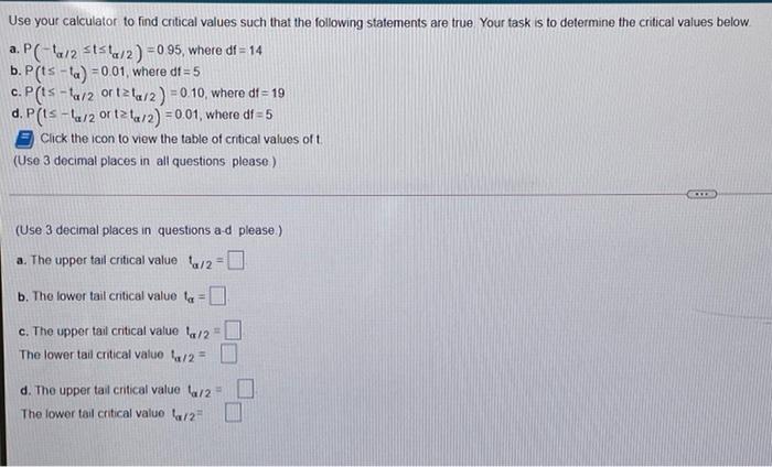 Solved = Use your calculator to find critical values such | Chegg.com