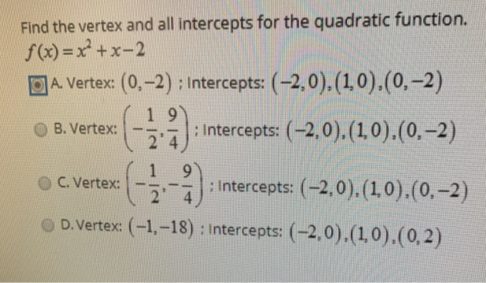 Solved Find the vertex and all intercepts for the quadratic | Chegg.com