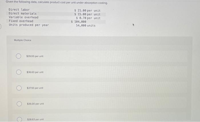 Solved Given the following data, calculate product cost per | Chegg.com