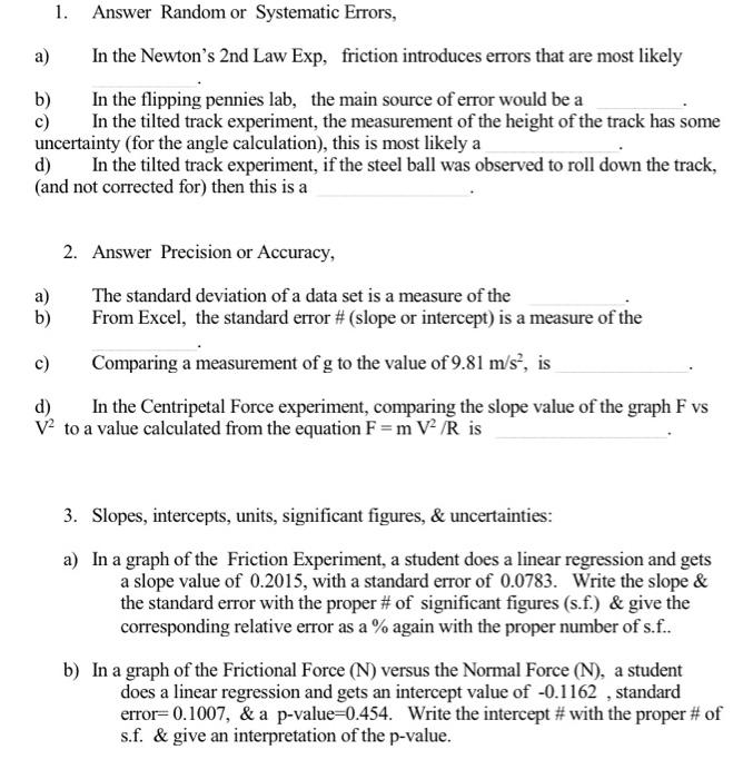 Solved 1. Answer Random or Systematic Errors, a) In the | Chegg.com