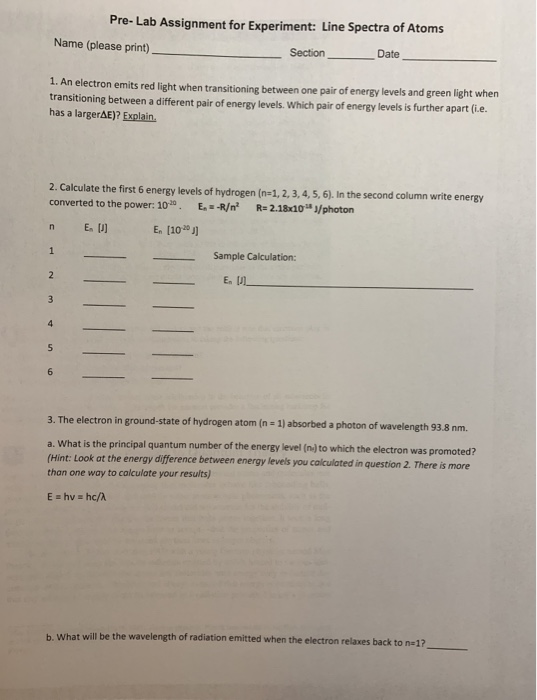 Solved Pre-Lab Assignment for Experiment: Line Spectra of | Chegg.com