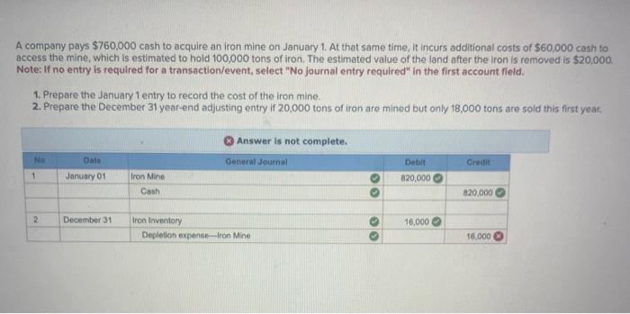 Solved A company pays $760,000 cash to acquire an iron mine | Chegg.com