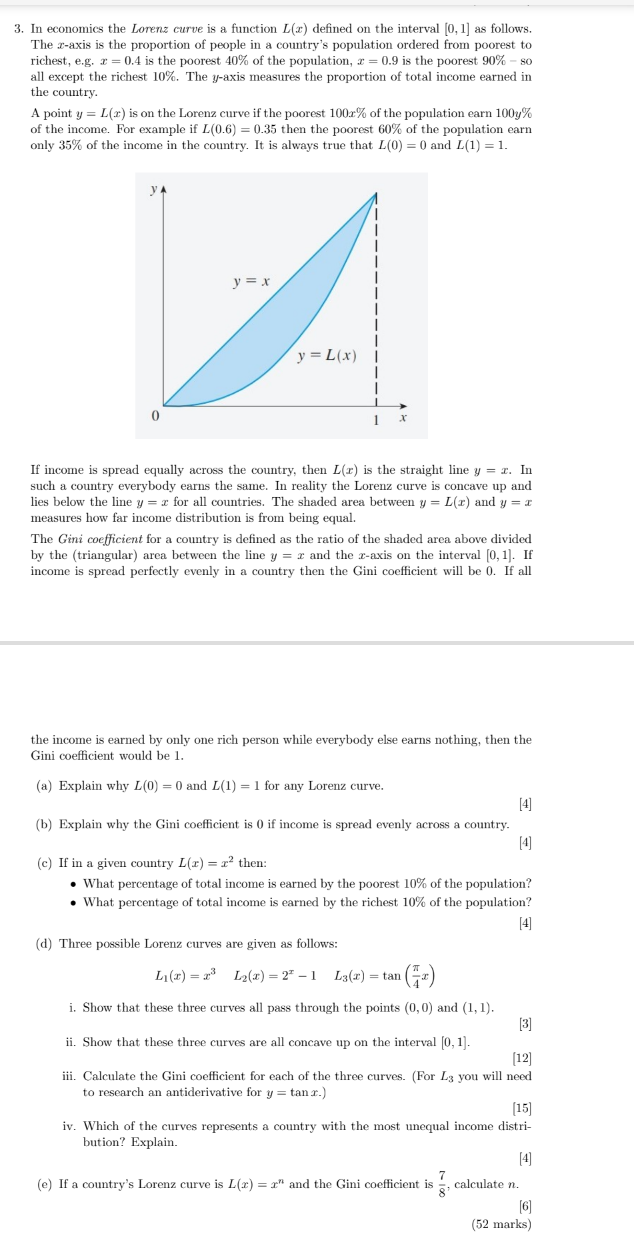 Solved 3. In economics the Lorenz curve is a function L(r) | Chegg.com