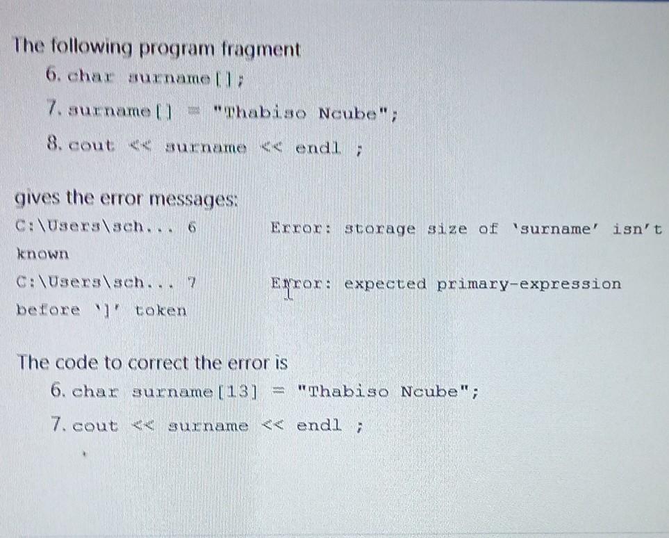 Solved The following program fragment 6. chax tuxname 11; 7. | Chegg.com