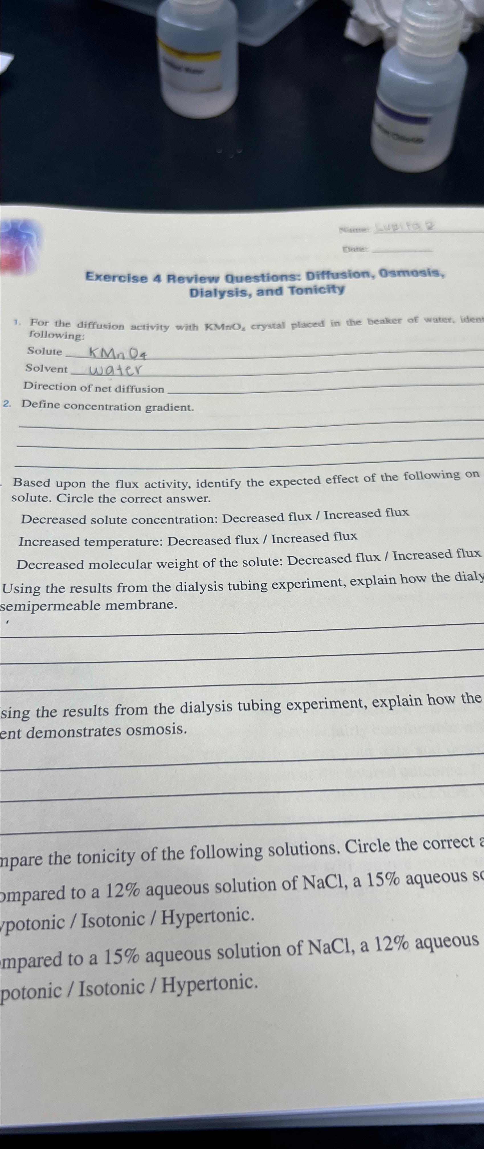 Solved Exercise 4 ﻿Review Questions: Diffusion, Osmosis, | Chegg.com