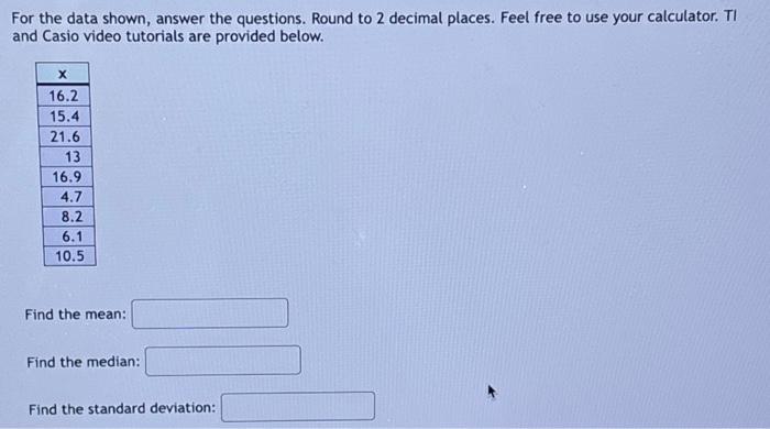 Solved For the data shown, answer the questions. Round to 2 | Chegg.com