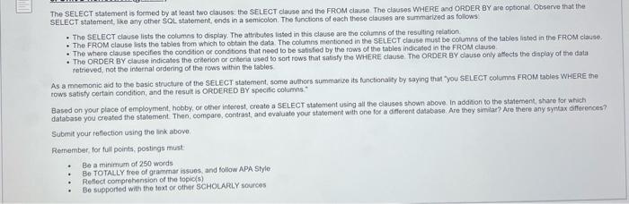 Solved The SELECT statement is formed by at least two | Chegg.com