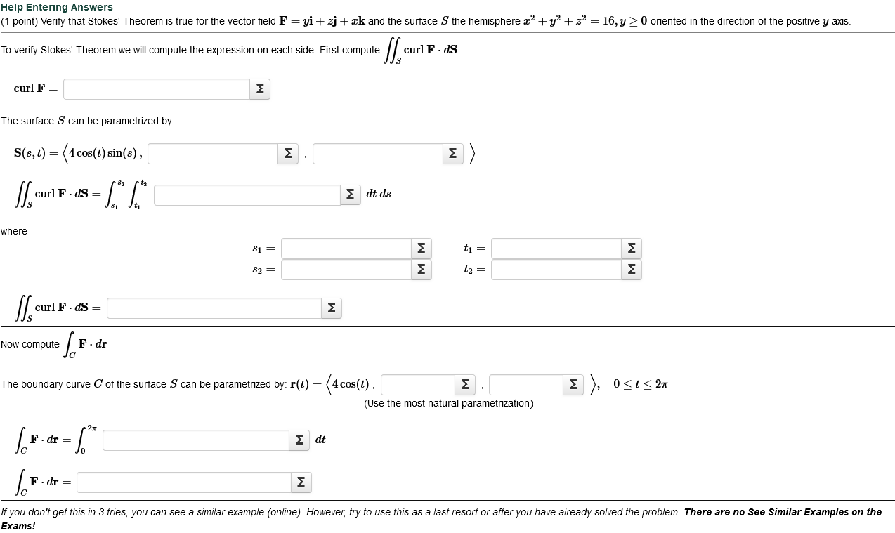 Solved Help Entering Answers(1 point) Verify that Stokes' | Chegg.com Solved Help Entering Answers(1 point) Verify that Stokes' | Chegg.com