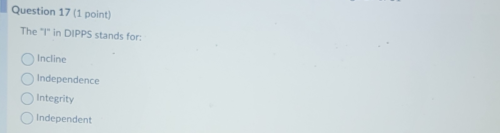 Solved Question 17 (1 ﻿point)The "I" in DIPPS stands | Chegg.com