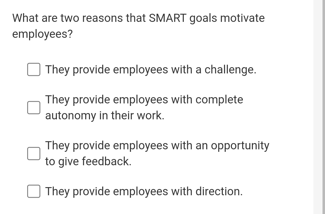 Solved What are two reasons that SMART goals motivate | Chegg.com