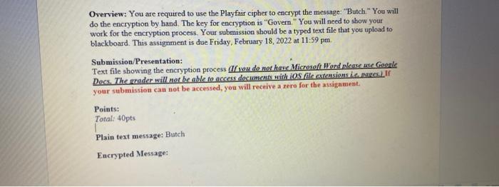 Solved Overview: You are required to use the Playfair cipher | Chegg.com