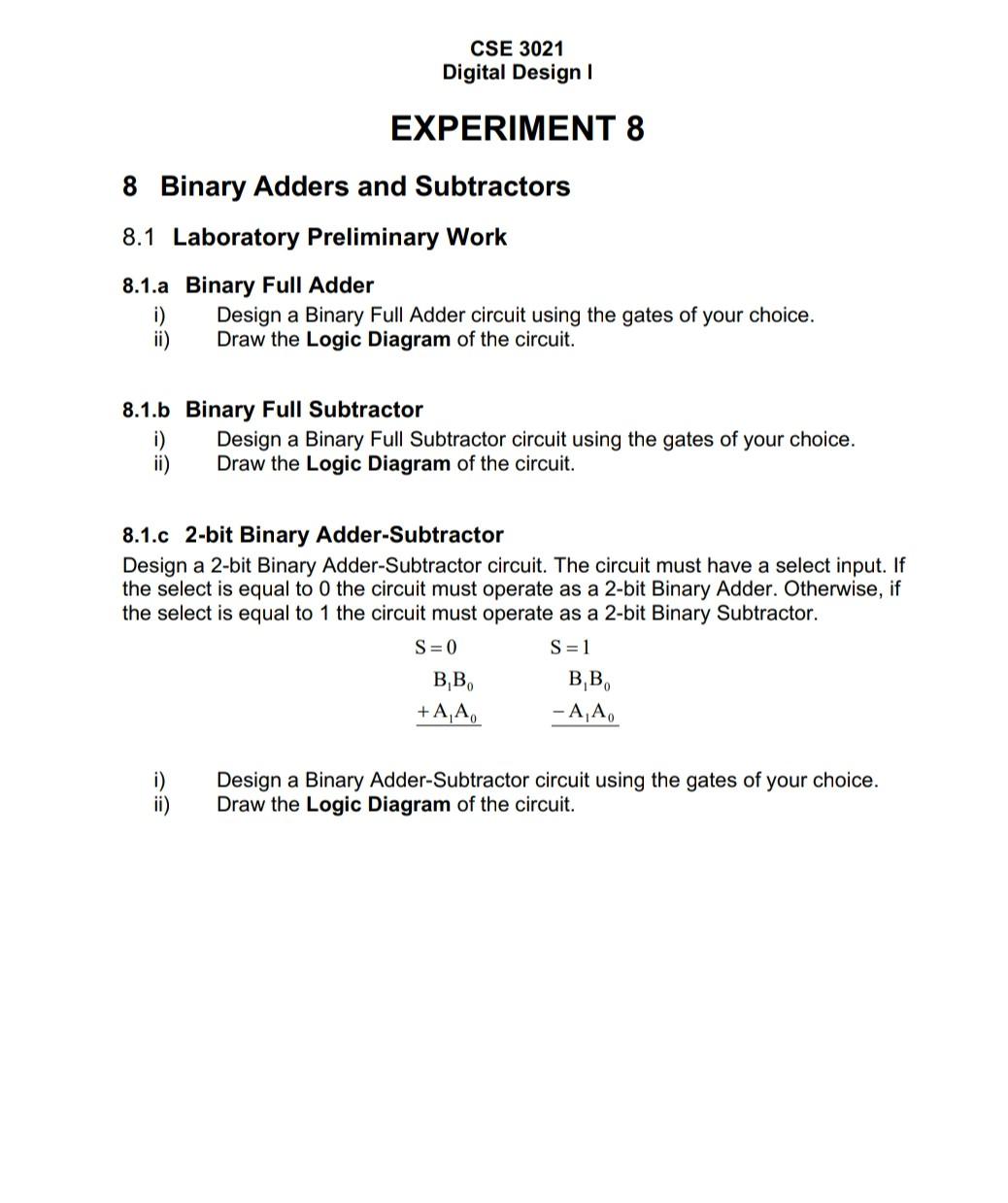 Solved CSE 3021 Digital Design EXPERIMENT 8 8 Binary Adders | Chegg.com