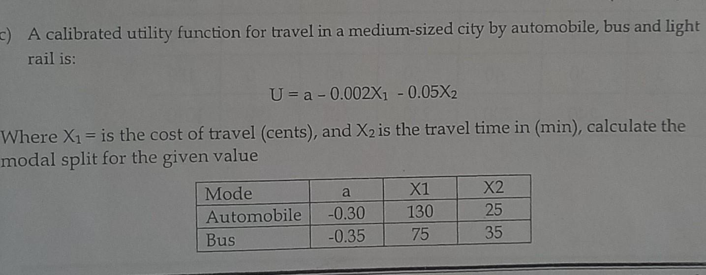Solved A calibrated utility function for travel in a | Chegg.com