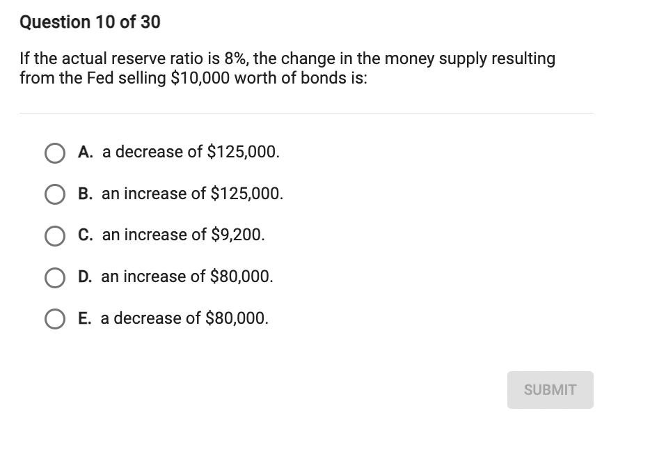 Solved Question 10 of 30If ﻿the actual reserve ratio is 8%, | Chegg.com