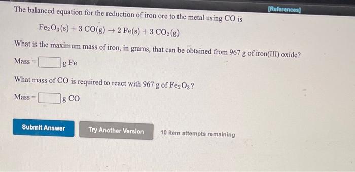 Solved [References) The balanced equation for the reduction | Chegg.com