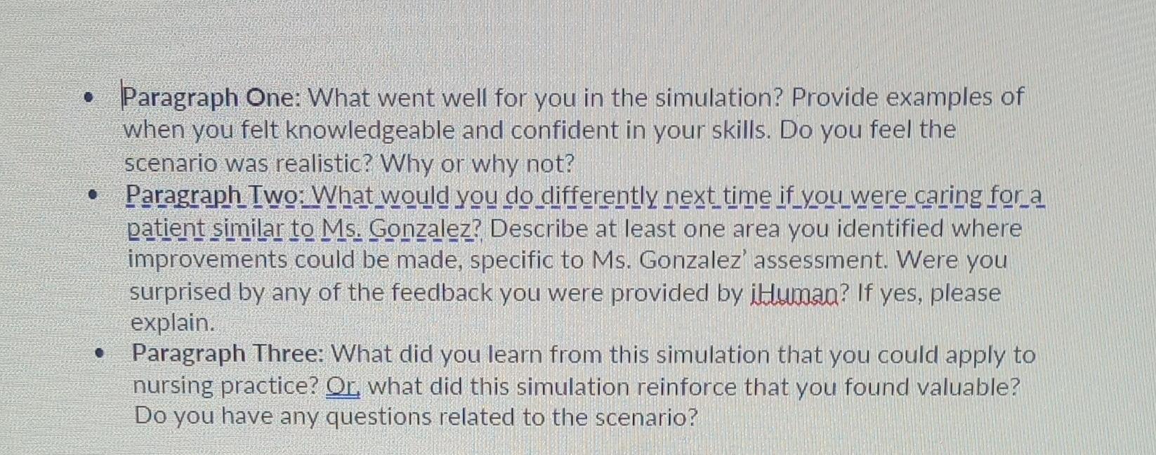 Solved Paragraph One: What went well for you in the | Chegg.com