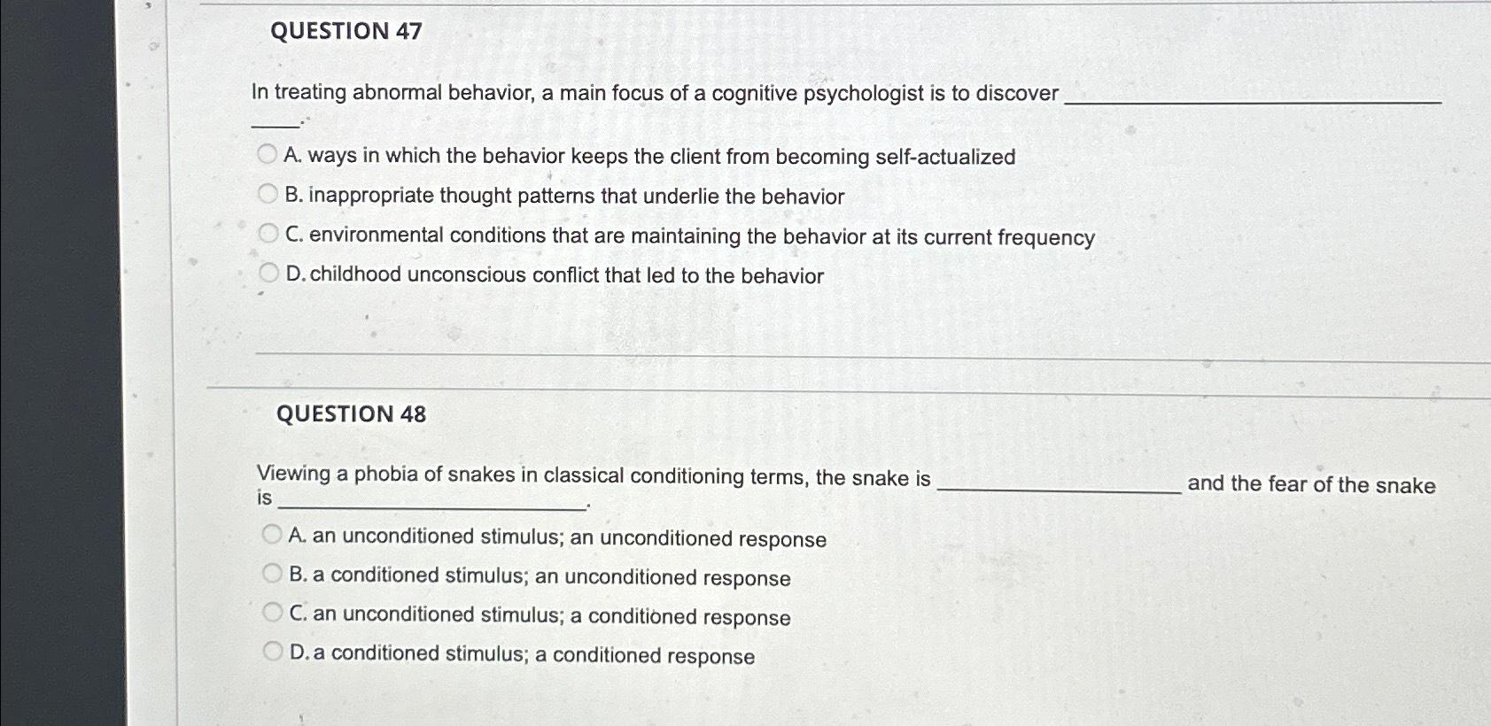 Solved QUESTION 47In treating abnormal behavior, a main | Chegg.com