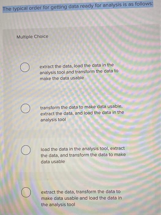 Solved The typical order for getting data ready for analysis | Chegg.com