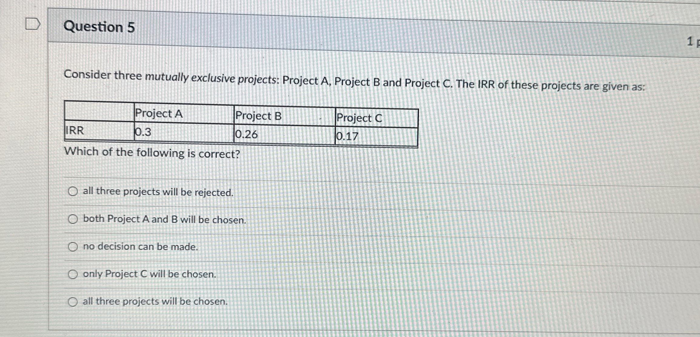 Solved Question 5Consider three mutually exclusive projects: | Chegg.com