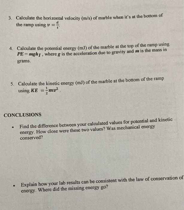Solved 3. Calculate the horizontal velocity (m/s) of marble | Chegg.com