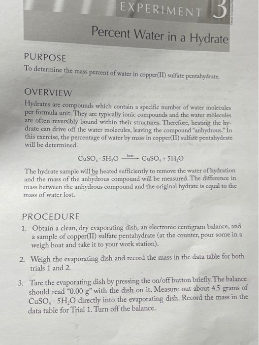 Solved EXPERIMENT 3 Percent Water in a Hydrate PURPOSE To | Chegg.com