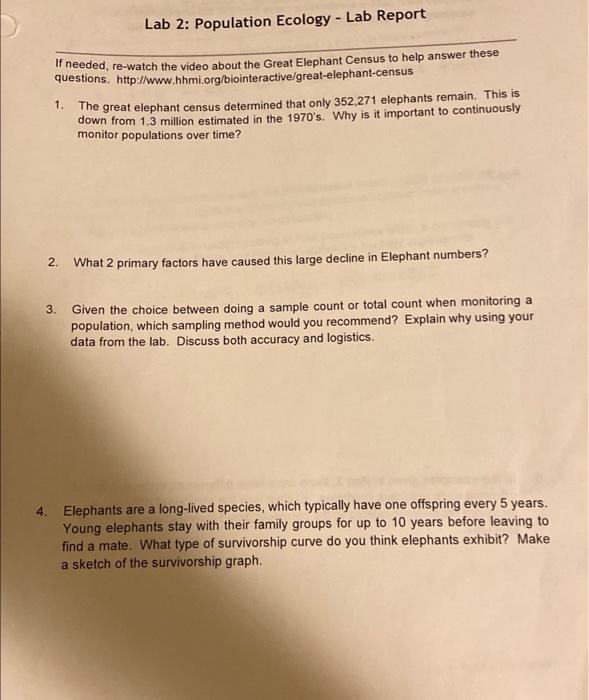 Lab 2: Population Ecology - Lab Report If needed, | Chegg.com