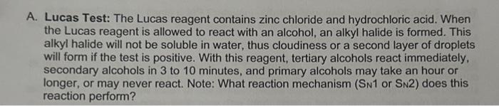 Solved Alcohols Lucas Test RCH2OH+HCl ZnCl2 Norxn / Slow | Chegg.com