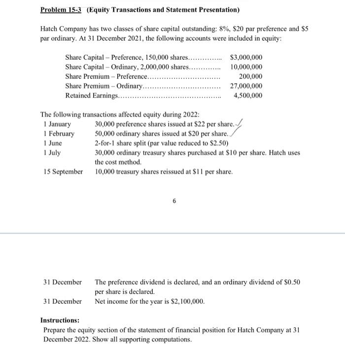 Solved Problem 15-3 (Equity Transactions and Statement | Chegg.com