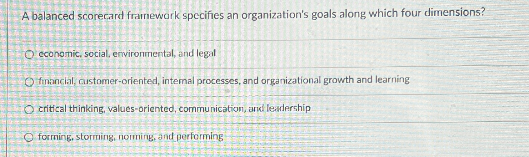 Solved A balanced scorecard framework specifies an | Chegg.com
