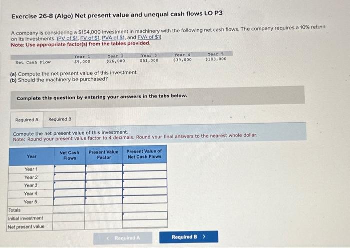 Solved Exercise 26-8 (Algo) Net present value and unequal | Chegg.com