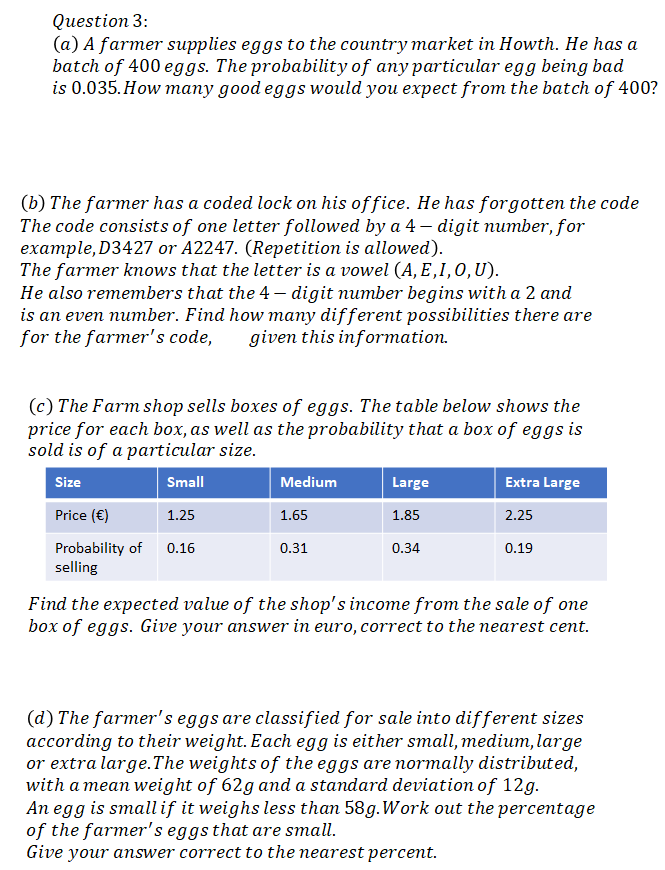 Solved Question 3:(a) ﻿A farmer supplies eggs to the country | Chegg.com