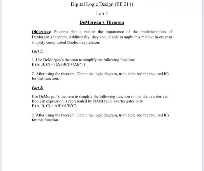 Solved Lab 5 DeMorgan's Theorem Objectives: Students should | Chegg.com