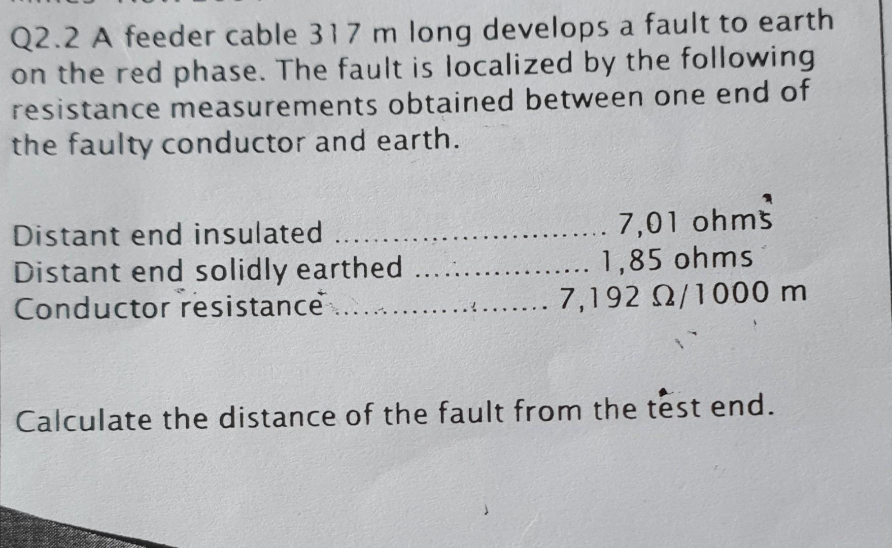Solved Q2.2 A feeder cable 317 m long develops a fault to | Chegg.com