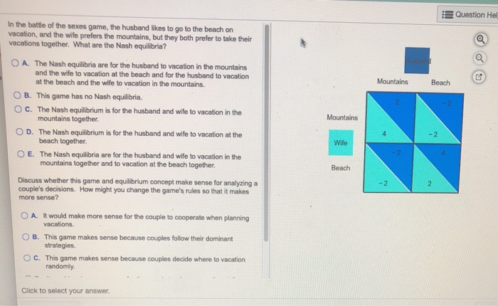 Solved Question Hel In the battle of the sexes game, the | Chegg.com