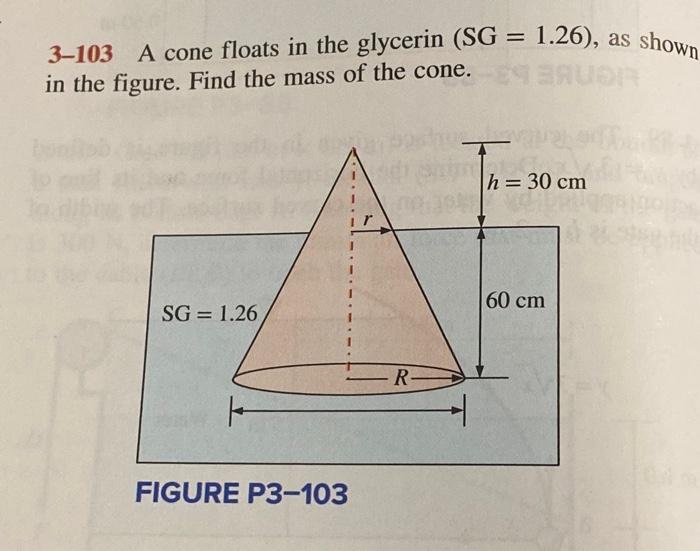 Solved 3-103 A cone floats in the glycerin (SG=1.26), as | Chegg.com