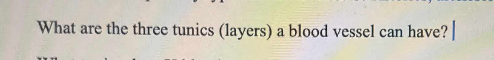 Solved What are the three tunics (layers) ﻿a blood vessel | Chegg.com