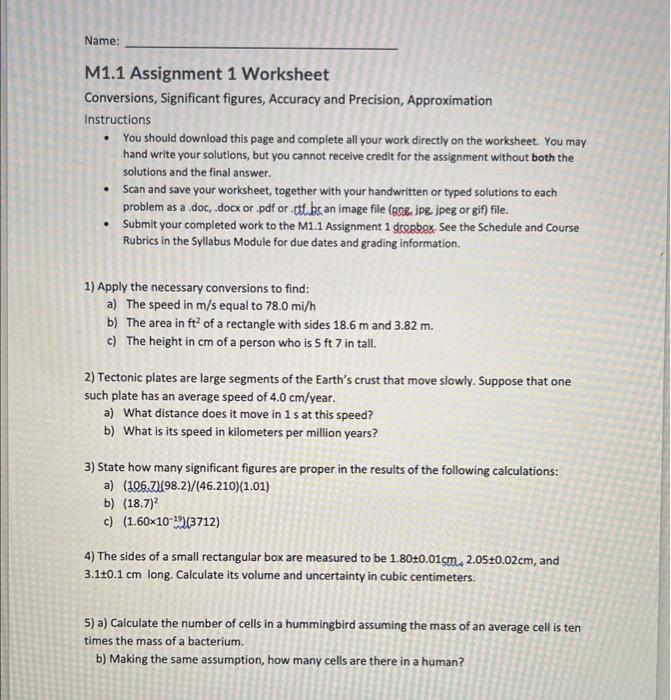 Solved Name: M1.1 Assignment 1 Worksheet Conversions, | Chegg.com