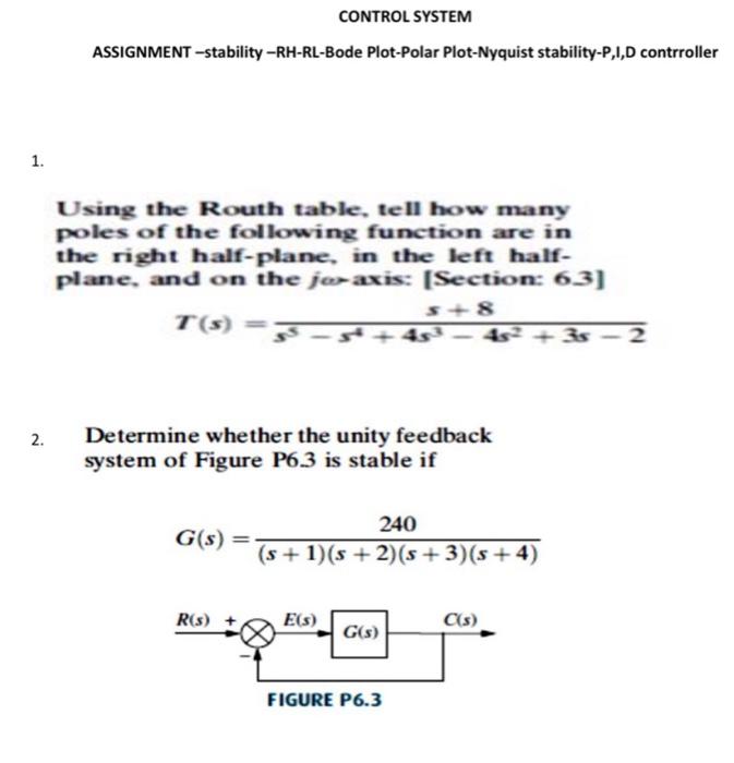 Solved CONTROL SYSTEM ASSIGNMENT -stability -RH-RL-Bode | Chegg.com