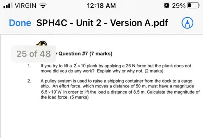 Solved | VIRGIN 12:18 AM 0 29% 0 Done SPH4C - Unit 2 - | Chegg.com