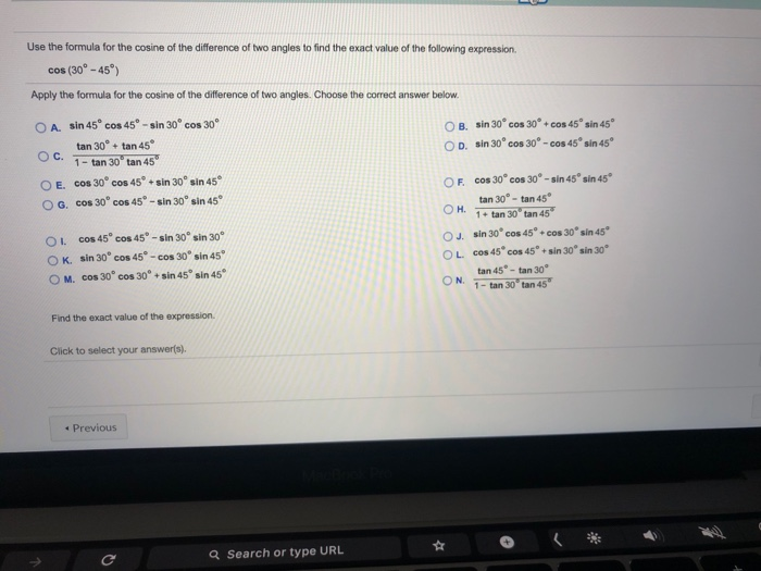 Solved Use the formula for the cosine of the difference of | Chegg.com